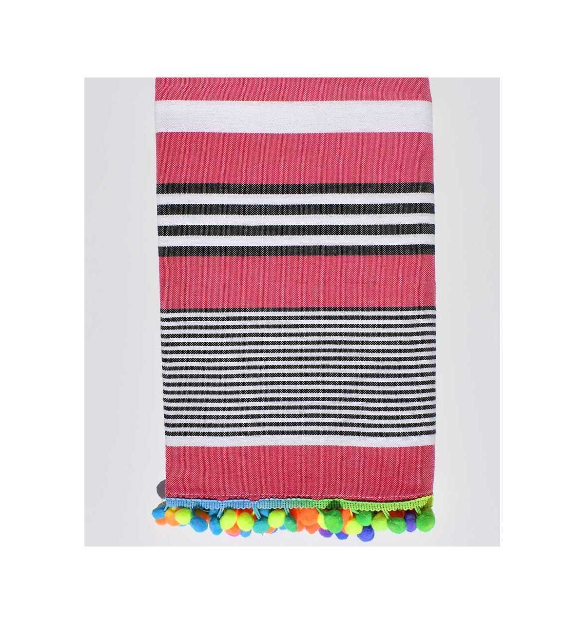 Serviette de plage pompons rose foncé avec rayures - FOUTA TUNISIA
