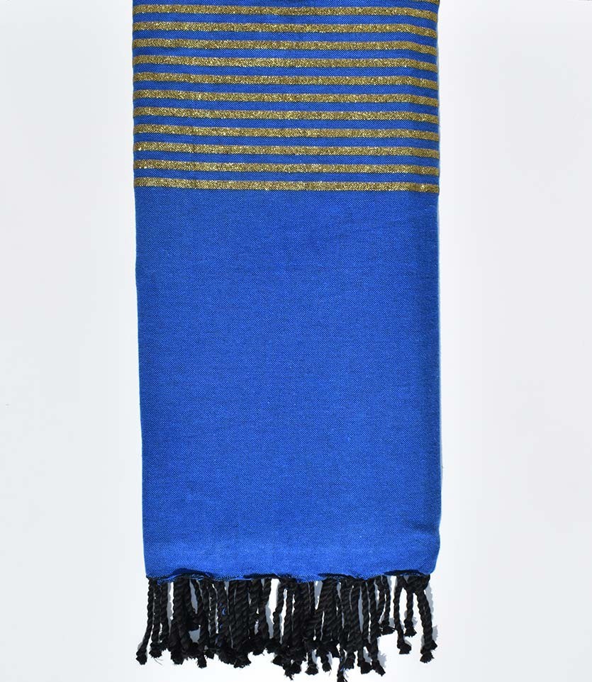 Grande Fouta Bleu rayée Lurex Doré - FOUTA TUNISIA