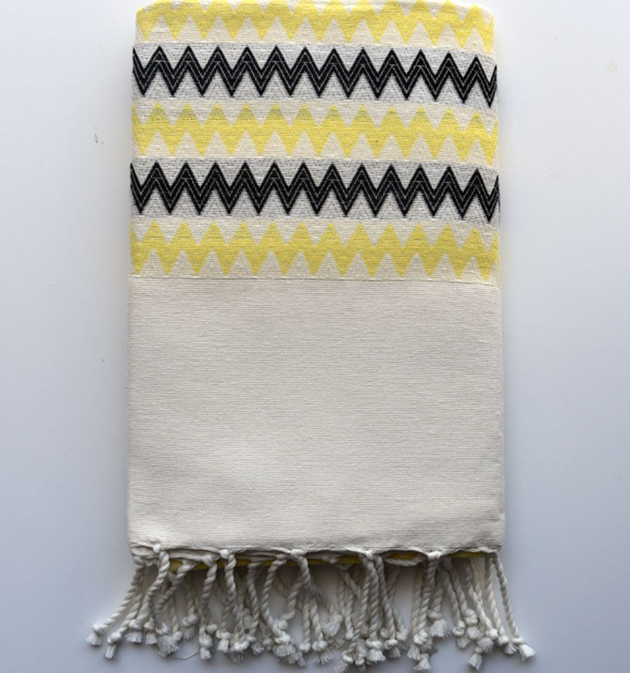 Fouta zigzag écru, jaune et noir- FOUTA TUNISIA
