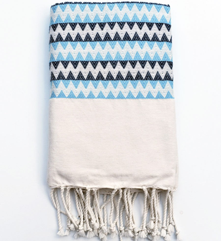 Fouta zigzag blanc crème, bleu azur et bleu ardoise - FOUTA TUNISIA
