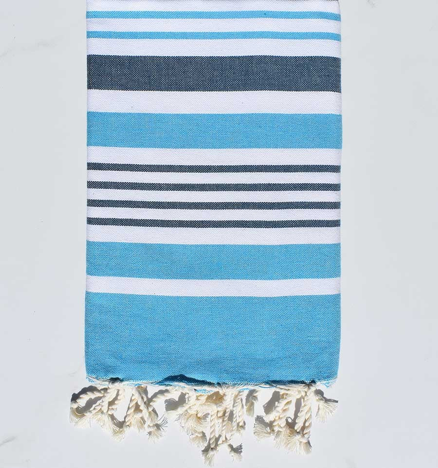 Fouta oslo blanche, bleu azur et ardoise - FOUTA TUNISIA