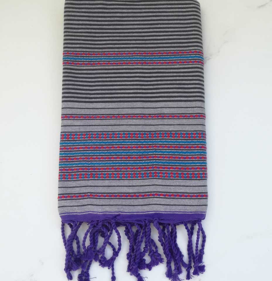Fouta arabesque violet pale rayée gris anthracite- FOUTA TUNISIA
