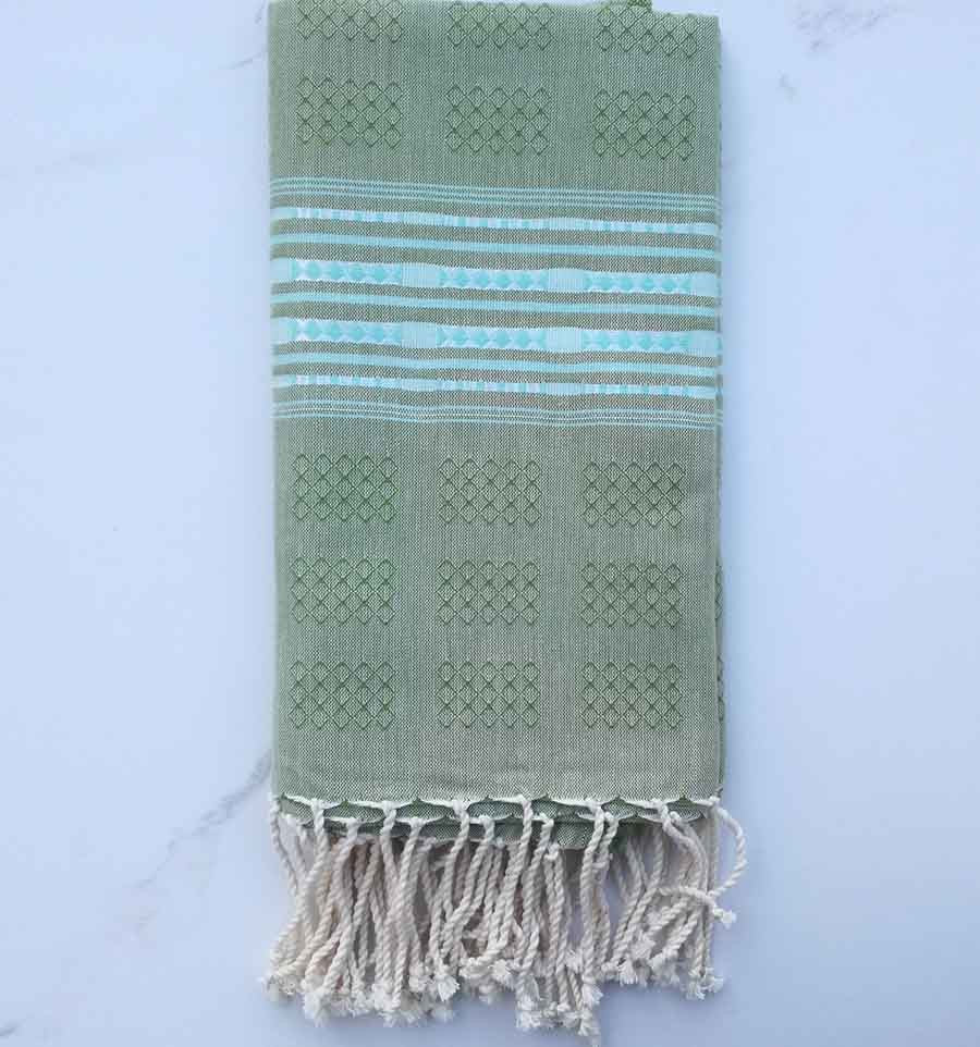 Fouta thalasso vert avec motifs turquoise - FOUTA TUNISIA