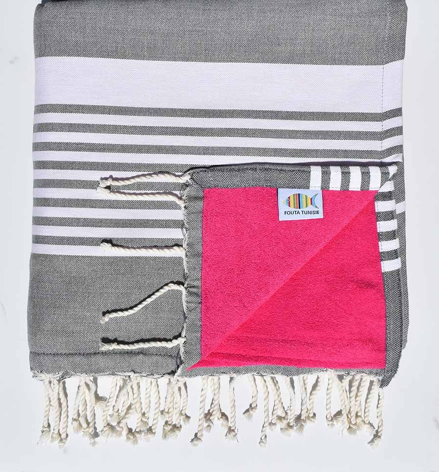 fouta arthur doublée éponge gris foncé et fushia - FOUTA TUNISIA